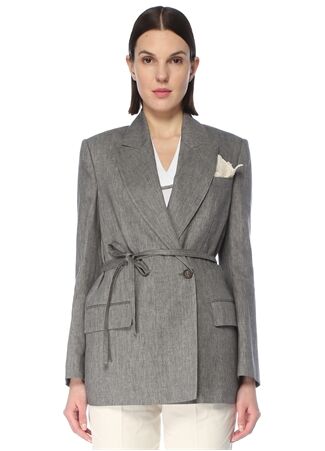 Brunello Cucinelli Kadın Gri Kırlangıç Yaka Beli Kuşaklı Keten Ceket 42 IT