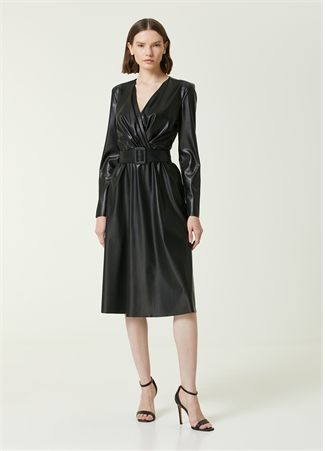 Maison Kairos Kadın Siyah V Yaka Suni Deri Midi Kokteyl Elbise 36 EU Maison Kairos Kadın Siyah V Yaka Suni Deri Midi Kokteyl Elbise 36 EU