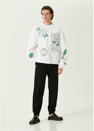 Wooyoungmi Erkek Beyaz Yeşil Nakışlı Sweatshirt 50 It Wooyoungmi Erkek Beyaz Yeşil Nakışlı Sweatshirt 50 It