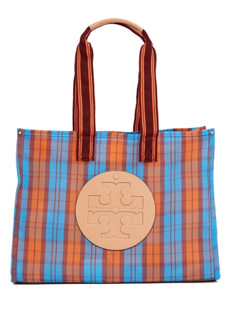 Tory Burch Kadın Mavi Turuncu Ekose Desenli Alışveriş Çantas EU Tory Burch Kadın Mavi Turuncu Ekose Desenli Alışveriş Çantas EU