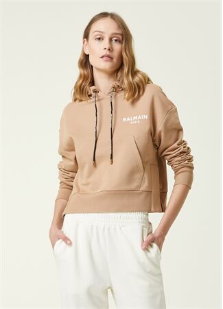 Balmain Kadın Bej Kapüşonlu Logolu Sweatshirt XS EU