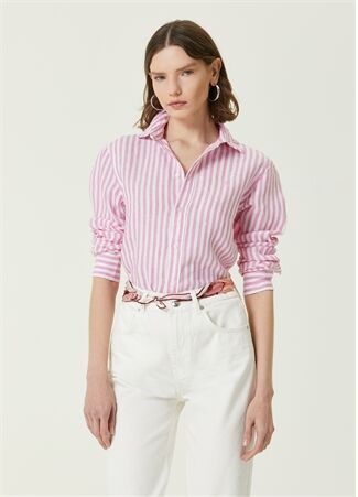 Polo Ralph Lauren Kadın Pembe Beyaz Çizgili Keten Gömlek S EU
