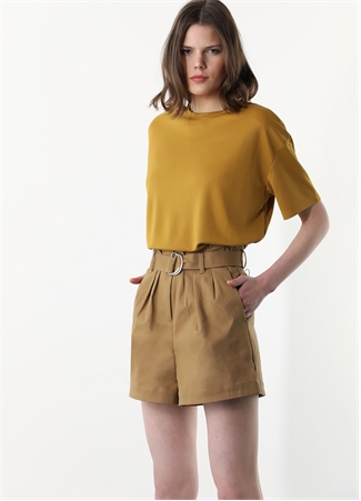 Network Kadın Basic Fit Hardal Bisiklet Yaka Oversize T-shirt Sarı L EU