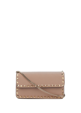 Valentino Garavani Kadın Rockstud Altın Rengi Deri Omuz Çantası Bej EU