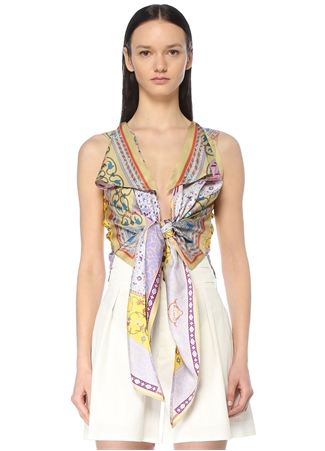 Etro Kadın Lila V Yaka Desenli Bağcıklı İpek Bluz Mor 40 IT