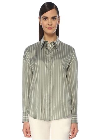 Brunello Cucinelli Kadın Yeşil Çift Yaka Detaylı Çizgili İpek Gömlek XS EU