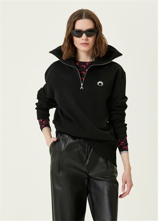 Marine Serre Kadın Siyah Dik Yaka Fermuarlı Baskılı Kazak Xs Eu