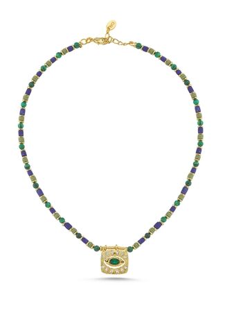 Berrin Özkan Kadın Mor Yeşil Boncuklu Altın Rengi Kaplama Kolye EU