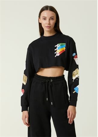 Gcds Kadın Siyah Dondurma Baskılı Crop Sweatshirt S EU
