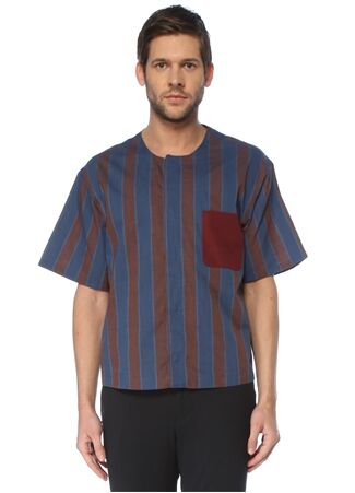 Pal Zileri Erkek Mavi Kahverengi Çizgi Desenli Cepli Gömlek 4 IT