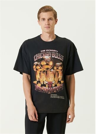 Domrebel Erkek Dynasty Siyah Taş İşlemeli Yazı Baskılı T-shirt L EU