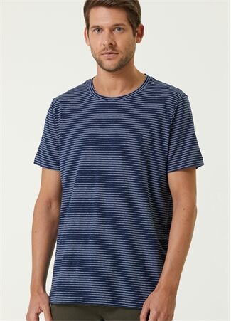 Beymen Club Erkek Lacivert Keten Çizgili Logolu T-shirt S
