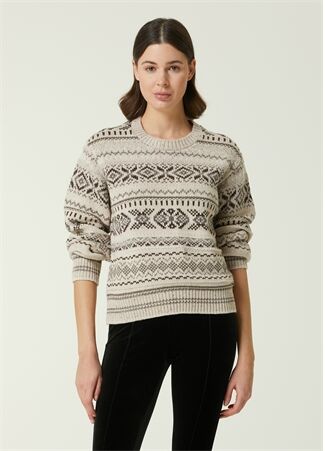 Polo Ralph Lauren Kadın Gri Bej Bisiklet Yaka Jakarlı Kazak M EU