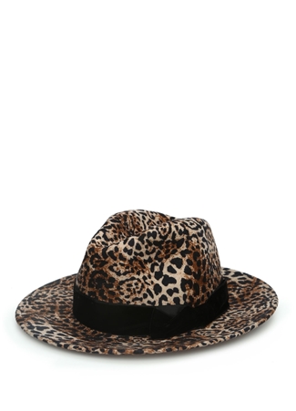 Helene Berman London Kadın Leopar Desenli Yün Şapka Kahverengi EU