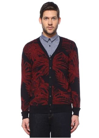 Pal Zileri Erkek Lacivert Kırmızı V Yaka Palmiye Jakarlı Yün Hırka 50 IT