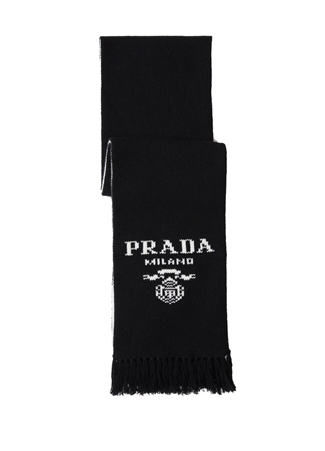 Prada Erkek Siyah Beyaz Logo Jakarlı Yün Atkı EU Prada Erkek Siyah Beyaz Logo Jakarlı Yün Atkı EU