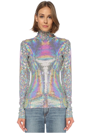 Msgm Kadın Balıkçı Yaka Disko Topu Efektli Uzun Kol Bluz Gri 38 IT