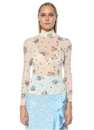 Paco Rabanne Kadın Beyaz Çiçek Desenli Trasnparan Bluz Bej 38 IT