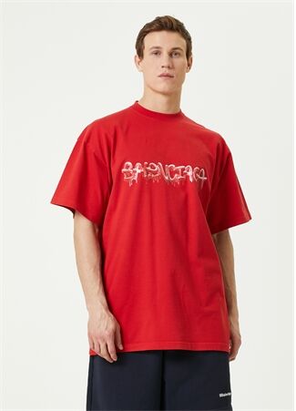 Balenciaga Erkek Kırmızı Logo Baskılı T-shirt 2 US