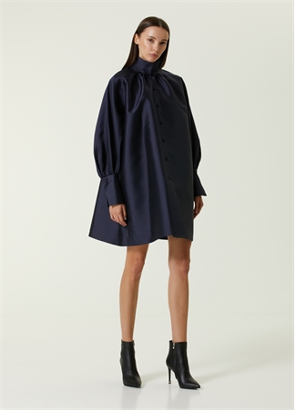 Dice Kayek Kadın Lacivert Dik Yaka Balon Kol Mini Elbise 38 EU