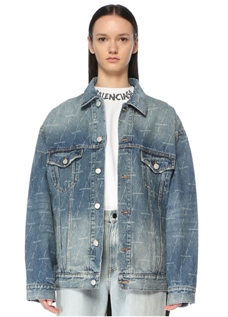 Balenciaga Kadın Mavi Polo Yaka Logo Desenli Oversize Denim Ceket 36 IT