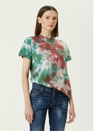 Dsquared2 Kadın Yeşil Bisiklet Yaka Batik Desenli T-shirt S EU Dsquared2 Kadın Yeşil Bisiklet Yaka Batik Desenli T-shirt S EU