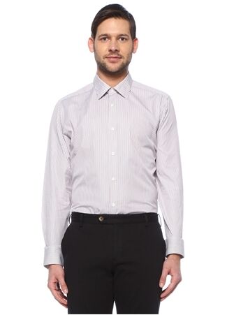 Pal Zileri Erkek Mavi Beyaz Modern Yaka Çizgi Desenli Gömlek Bordo 4 IT