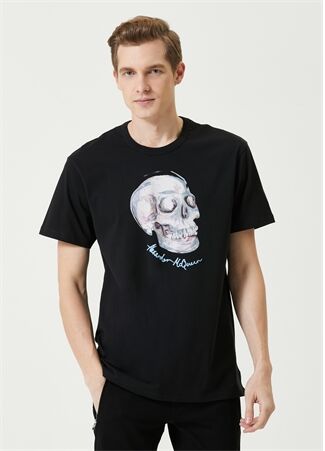 Alexander McQueen Erkek Siyah Bisiklet Yaka Baskılı T-shirt S EU