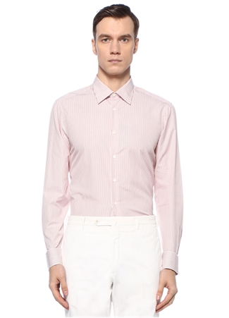 Pal Zileri Erkek Kahverengi İngiliz Yaka Çizgili Gömlek 42 IT