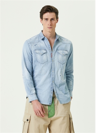 Dsquared2 Erkek Mavi Fırça Darbesi Desenli Garnili Denim Gömlek 48 It Dsquared2 Erkek Mavi Fırça Darbesi Desenli Garnili Denim Gömlek 48 It