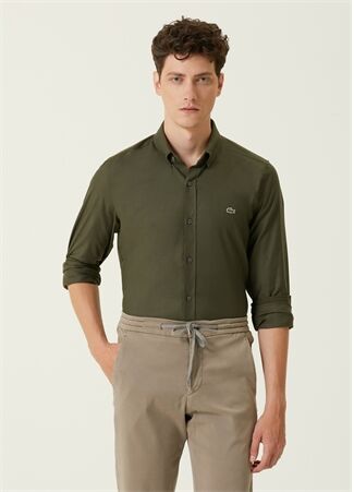 Lacoste Erkek Slim Fit Haki Düğmeli Yaka Gömlek S EU