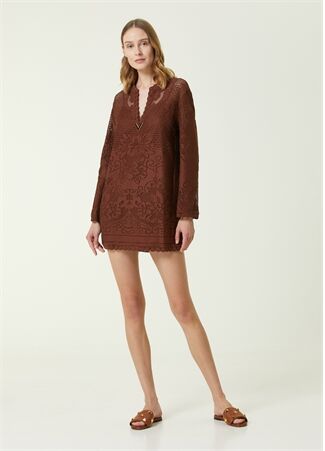 Valentino Kadın Kahverengi Güpür Dokulu Mini Elbise 42 IT