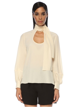 Chloe Kadın Krem Yakası Bağcıklı Dekolteli İpek Bluz Bej 34 FR
