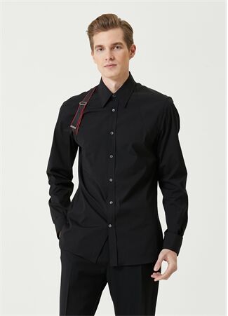 Alexander McQueen Erkek Siyah İngiliz Yaka Kayış Detaylı Gömlek 6 UK Alexander McQueen Erkek Siyah İngiliz Yaka Kayış Detaylı Gömlek 6 UK