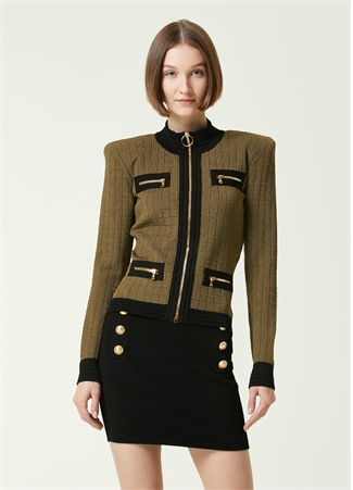 Balmain Kadın Haki Siyah Dik Yaka Triko Ceket 38 Fr