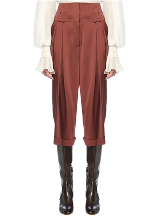 Balmain Kadın Gül Kurusu Yüksek Bel Pilili Pantolon Bordo 36 FR