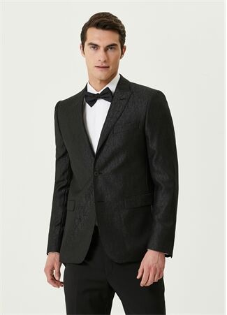 Palzileri Lab Erkek Siyah Geometrik Desenli Parlak Dokulu Yün Ceket 50 IT