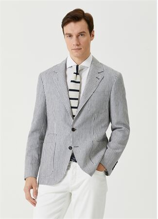 Brunello Cucinelli Erkek Mavi Çizgili Keten Ceket 50 IT
