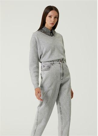 Brunello Cucinelli Kadın Gri V Yaka Kaşmir Triko S EU