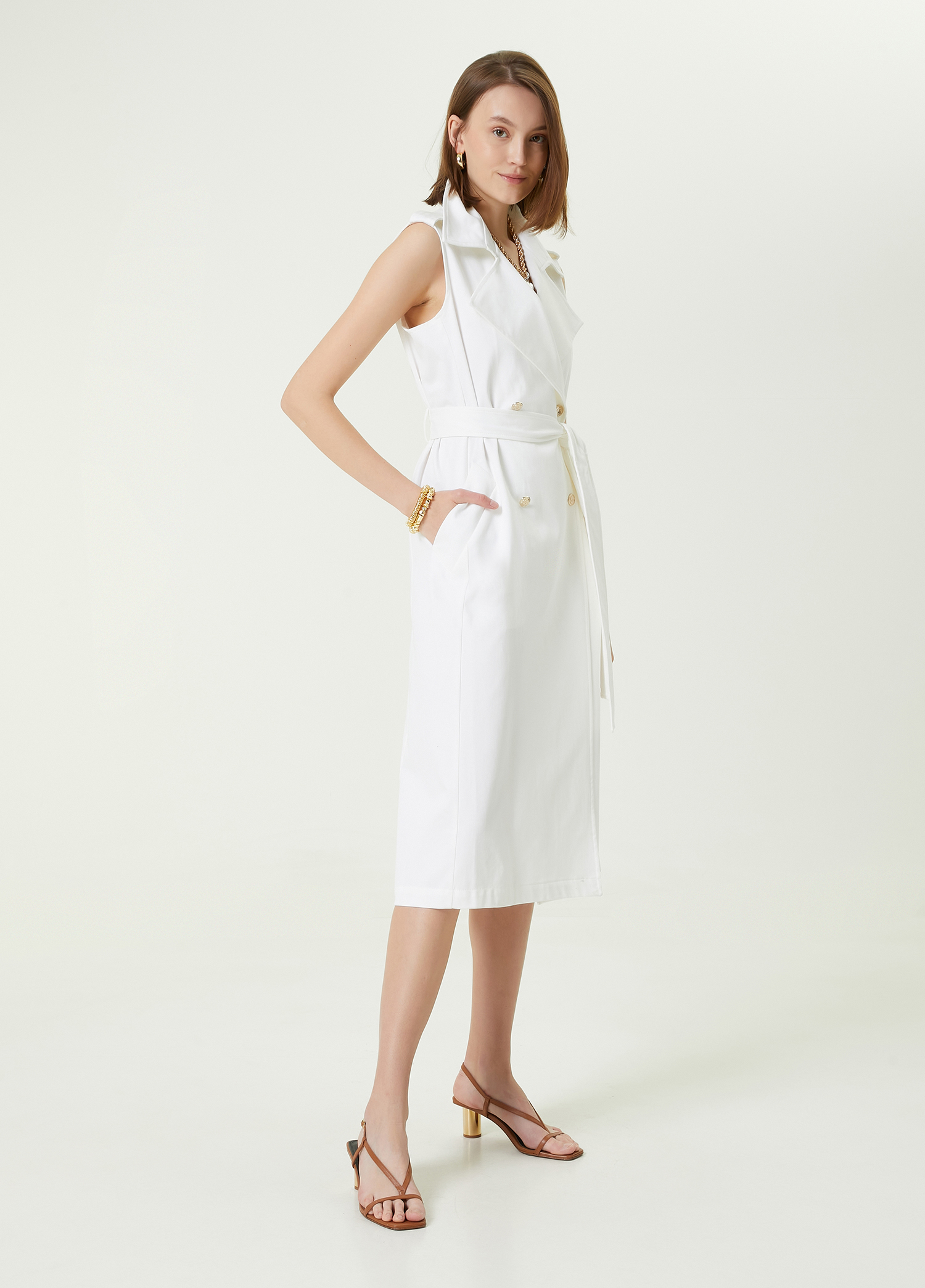 Beymen Collection - Beyaz Beli Kuşaklı Midi Anvelop Elbise - Beyaz