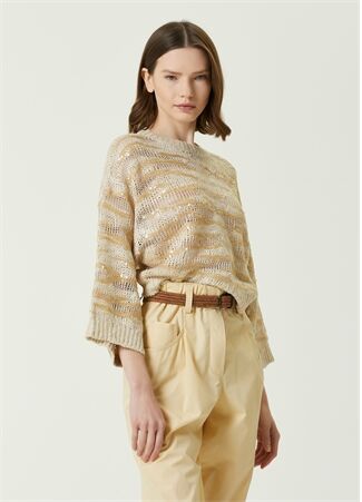 Brunello Cucinelli Kadın Bej Bisiklet Yaka İşlemeli Kazak M EU