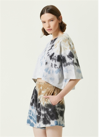 Academia Kadın Mavi Bisiklet Yaka Batik Desenli Havlu T-shirt Xs Eu