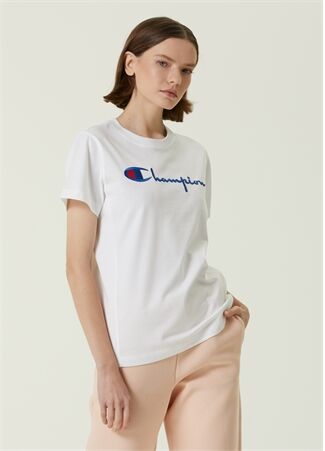 Champion Kadın Beyaz Logo Nakışlı Bisiklet Yaka T-shirt S EU
