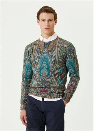 Etro Erkek Bisiklet Yaka Şal Desenli İpek Kazak L EU