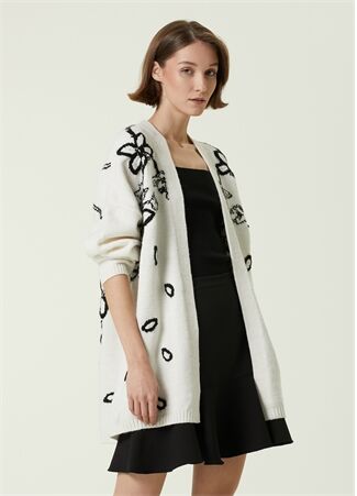 Join Us Kadın Beyaz Kontrast Çiçekli Triko Hırka Bej S/M EU