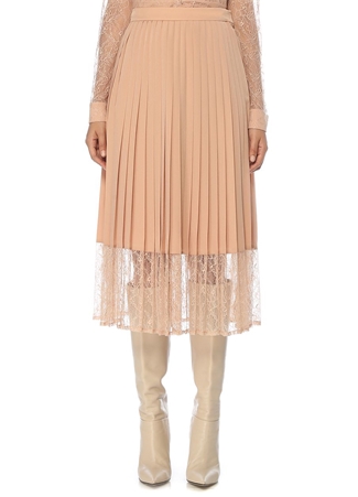 Beymen Collection Kadın Altın Rengi Dantel Garnili Pilili Midi Etek Pembe 42