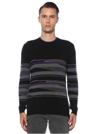 Z Zegna Erkek Mor Siyah Çizgi Desen Jakarlı Kaşmir Kazak M EU