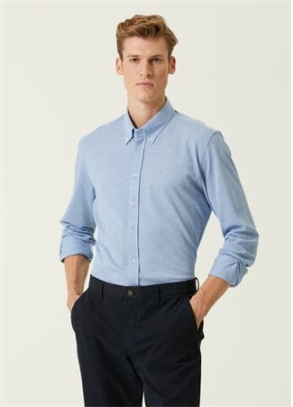Beymen Collection Erkek Slim Fit Mavi Düğmeli Yaka Jersey Gömlek 42 IT