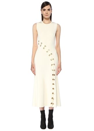 Alexander McQueen Kadın Ekru Kuşgözü Detaylı Kolsuz Midi Elbise Bej S EU