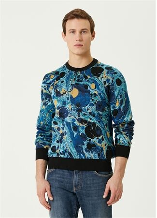 Dolce&Gabbana Erkek Mavi Bisiklet Yaka Jakarlı İpek Kazak 46 IT